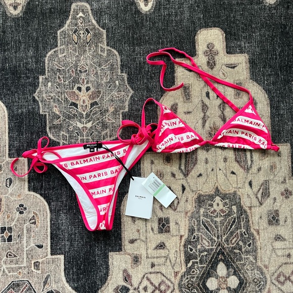 Balmain | Swim | Balmain Pink And White Bikini With Sidetie Details ...